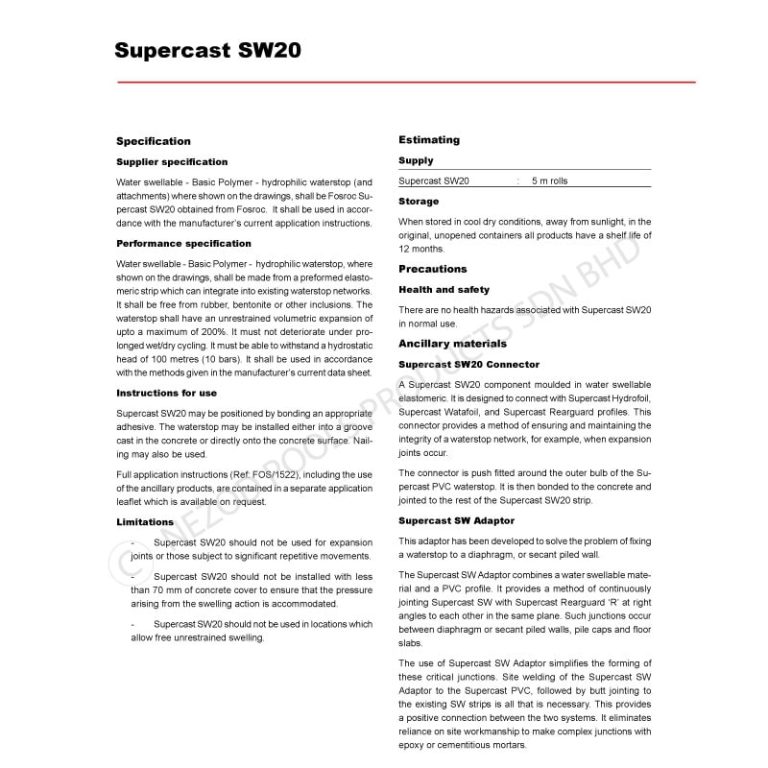 FOSROC SUPERCAST SW20 SWELLABLE WATERSTOP - Nezod Pools Products